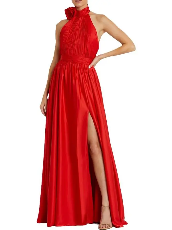 Mac Duggal Soft Tie Halter Neck High Slit Gown - Cherry