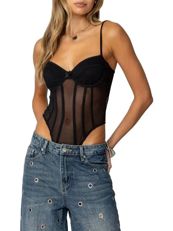 EDIKTED Jenia Bustier Mesh Bodysuit - Black