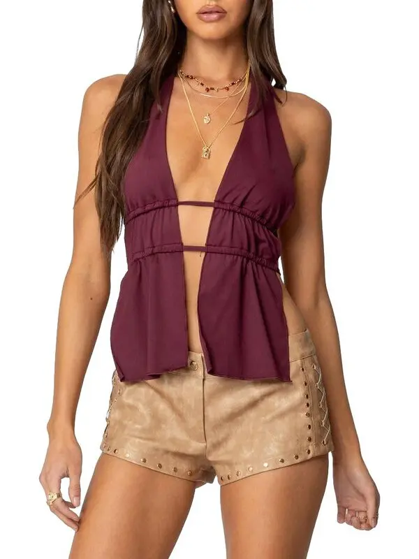 EDIKTED Nikole Split Front Halter Top - Burgundy