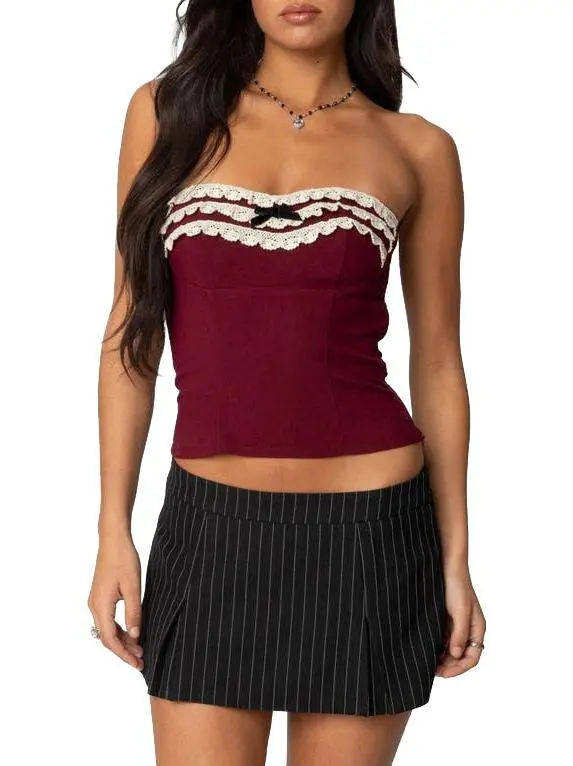 EDIKTED Ruffle Eyelet Tube Top - Burgundy