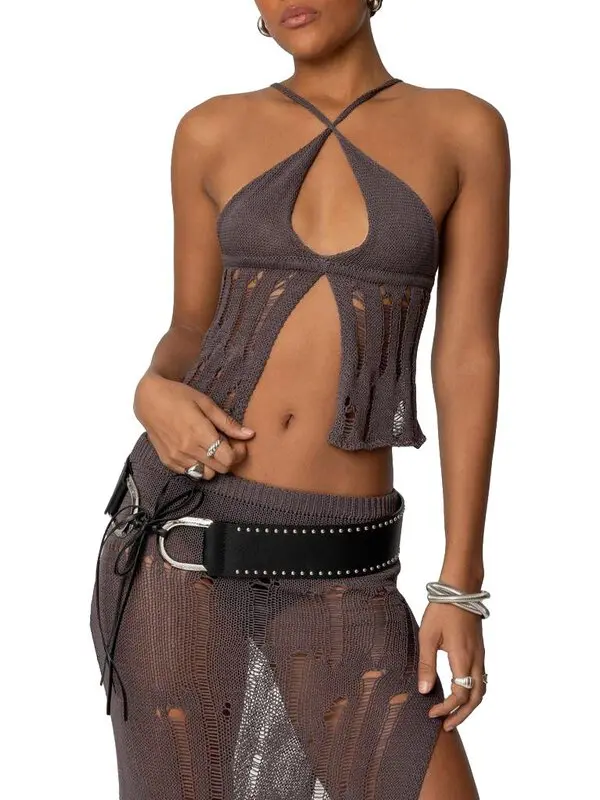 EDIKTED Jaynie Distressed Camisole Sweater - Brown