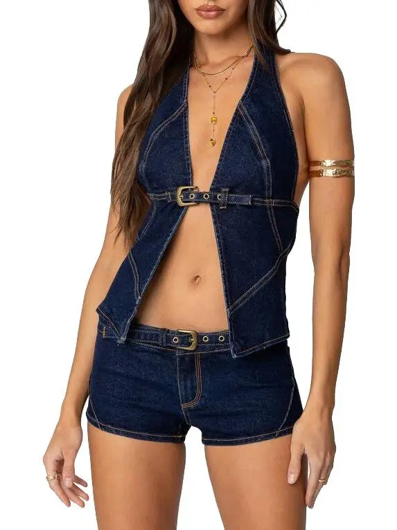 EDIKTED Ciel Denim Halter Top - Dark-blue