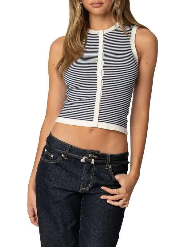 EDIKTED Everson Stripe Sleeveless Knit Crop Top - Cream-and-navy