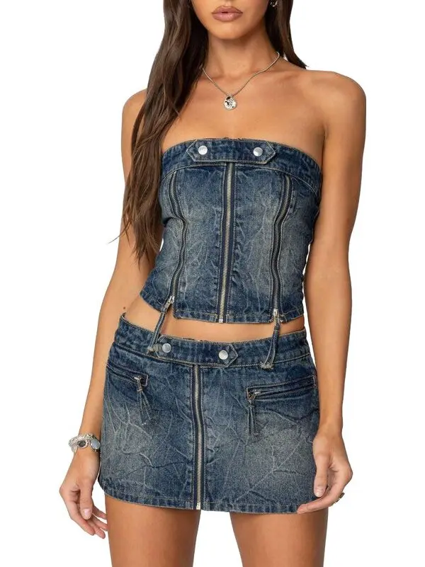 EDIKTED Guinevere Zip Denim Corset Top - Blue-washed