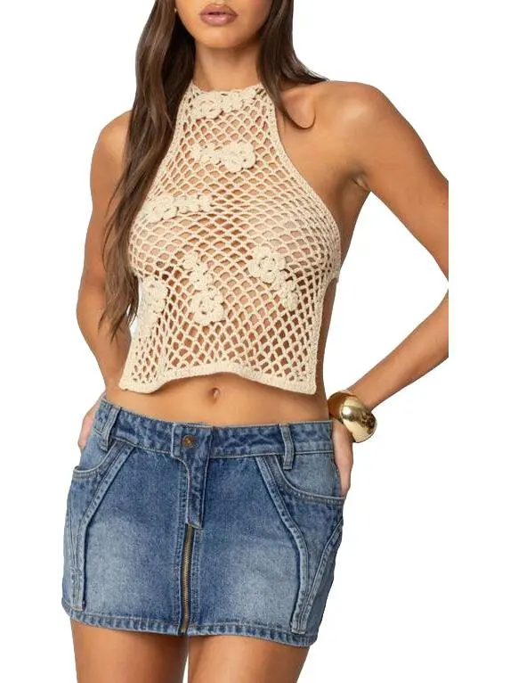 EDIKTED Syd Crochet Halter Top - Beige