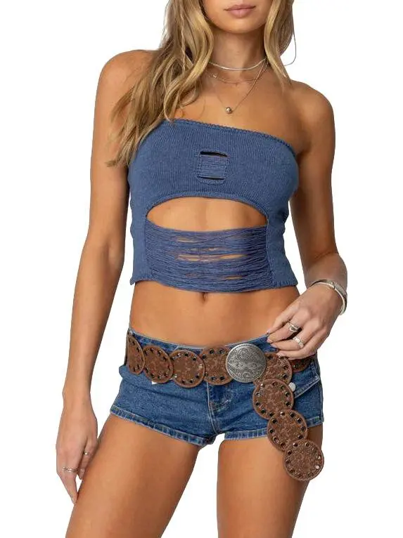 EDIKTED Laurier Distressed Knit Tube Top - Blue