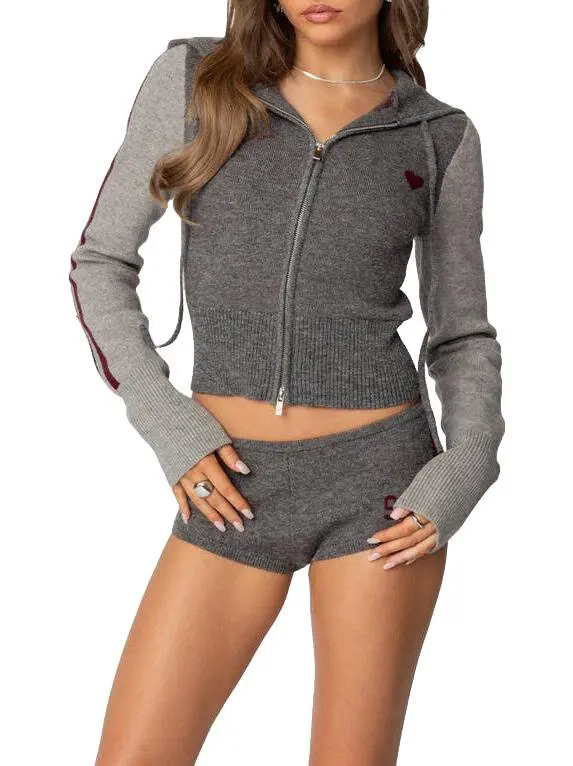 EDIKTED Intarsia Heart Hooded Zip Cardigan - Gray
