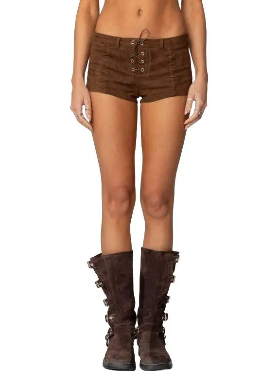 EDIKTED Sloane Faux Suede Micro Shorts - Brown