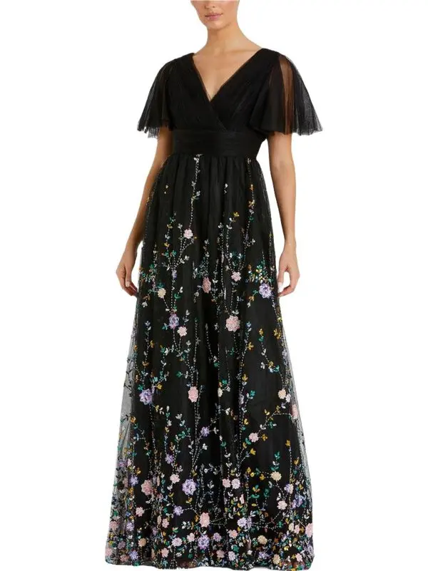Mac Duggal Embellished Butterfly Sleeve V-neck Gown - Black Multi