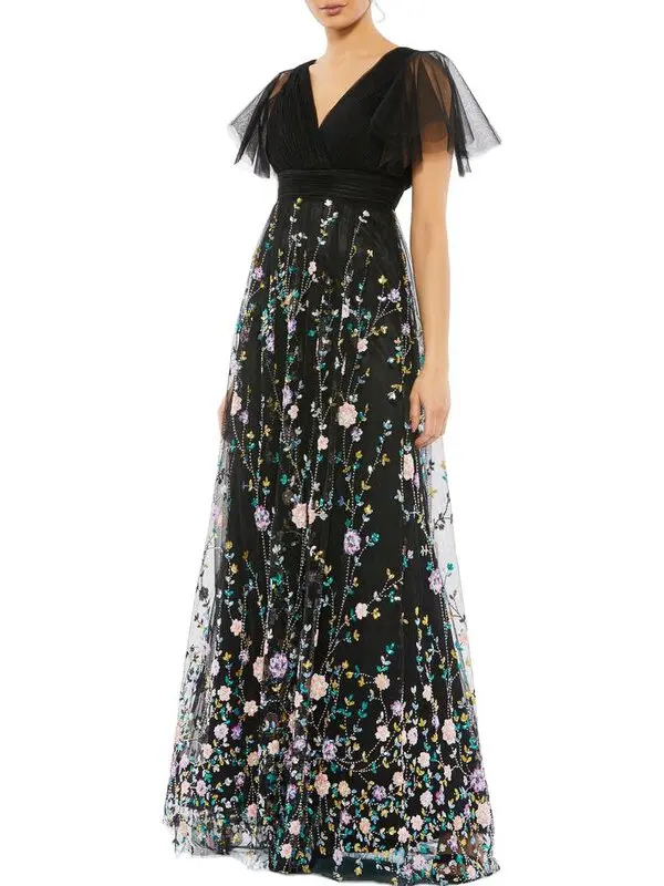 Mac Duggal Embellished Butterfly Sleeve V-neck Gown - Black Multi