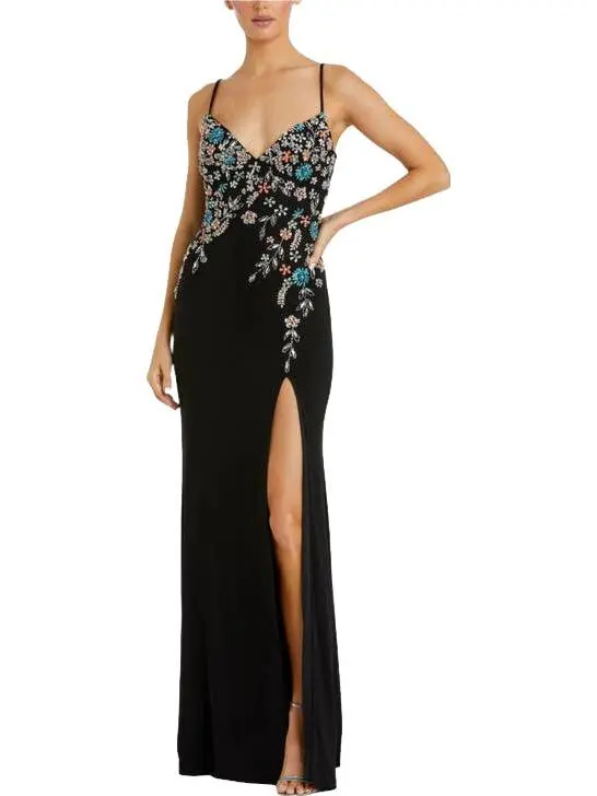 Mac Duggal Beaded Floral Cami Gown - Black Multi