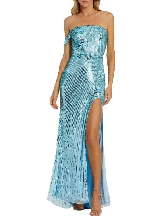 Mac Duggal One-shoulder Sequin Gown With Slit - Aqua