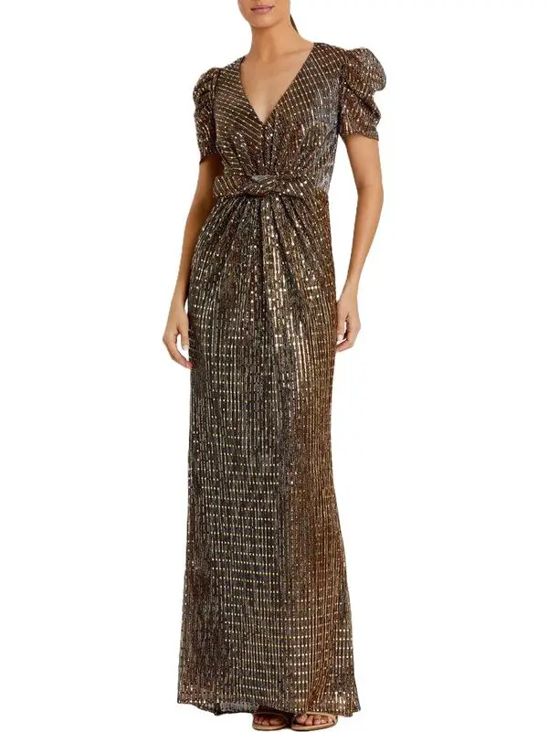 Mac Duggal Bow Waisted Metallic Gown - Bronze