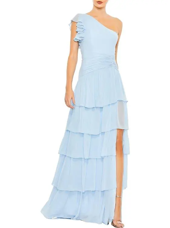 Mac Duggal Ruffle Tiered Flutter Sleeve Gown - Powder Blue