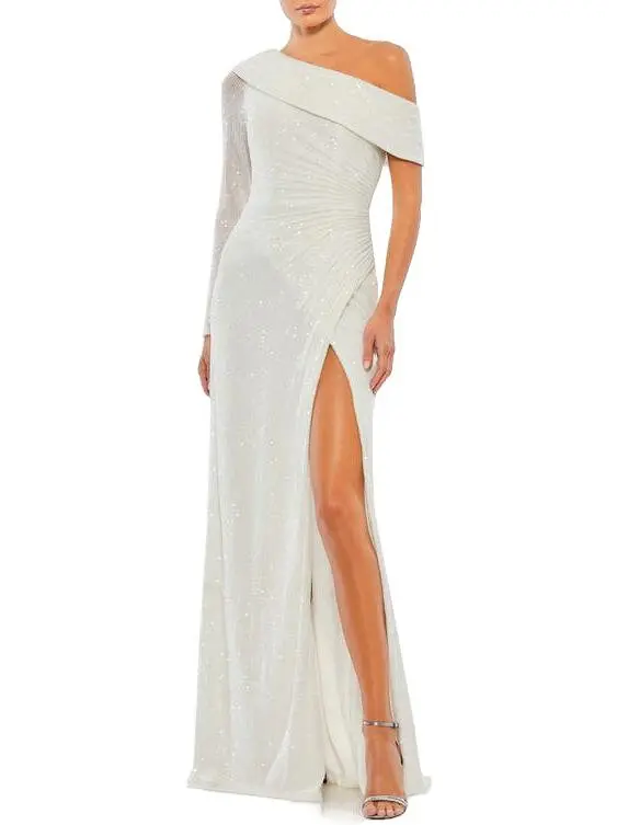 Mac Duggal Sequin Drop Shoulder Faux Wrap Gown - White