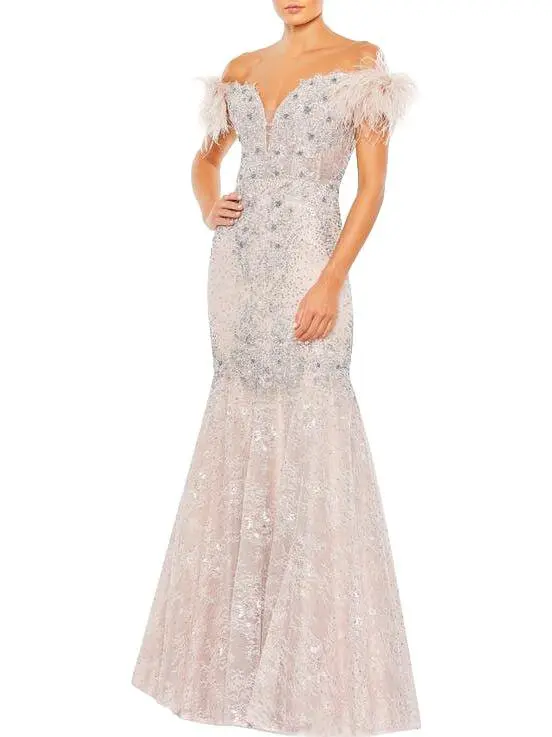 Mac Duggal Feathered Crystal Embellished Sleeveless Gown - Lilac