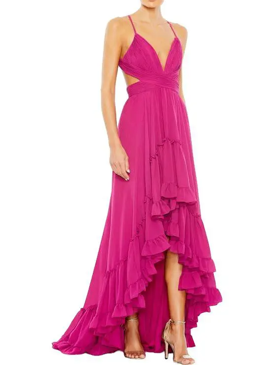 Mac Duggal Pleated Tiered Cut Out Sleeveless Gown - Fuchsia