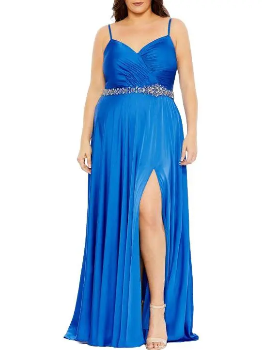 Mac Duggal Beaded Belt Faux Wrap A-line Gown - Cobalt