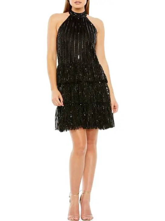 Mac Duggal High Neck A-line Sequin Mini Dress - Black