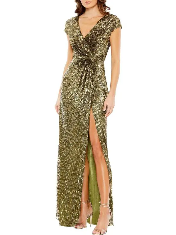 Mac Duggal Sequined Faux Wrap Gown - Olive