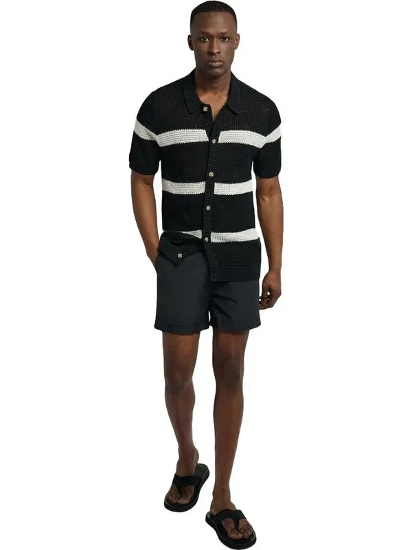 Onia Linen Short Sleeve Button-up Sweater - Black/egret