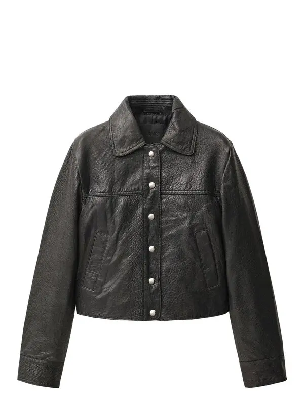 Mango Lambskin Leather Trucker Jacket - Black