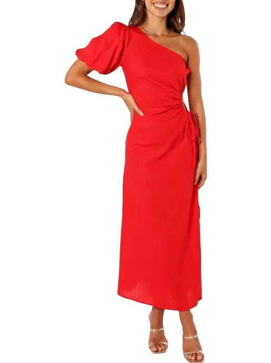 PETAL & PUP Cutout Puff Sleeve One-shoulder Maxi Dress - Red