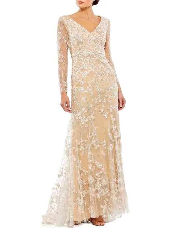 Mac Duggal Embroidered Trumpet Gown With V-neck - Ivory Nude