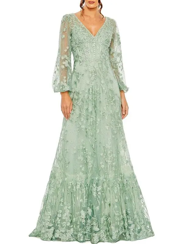 Mac Duggal V-neck Puff Sleeve A-line Gown - Sage