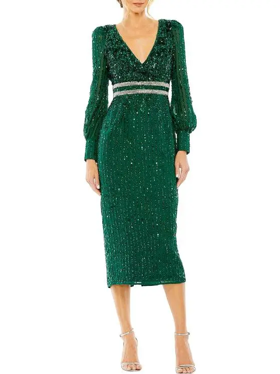 Mac Duggal Sequined V-neck Bishop Sleeve Dress - Emerald