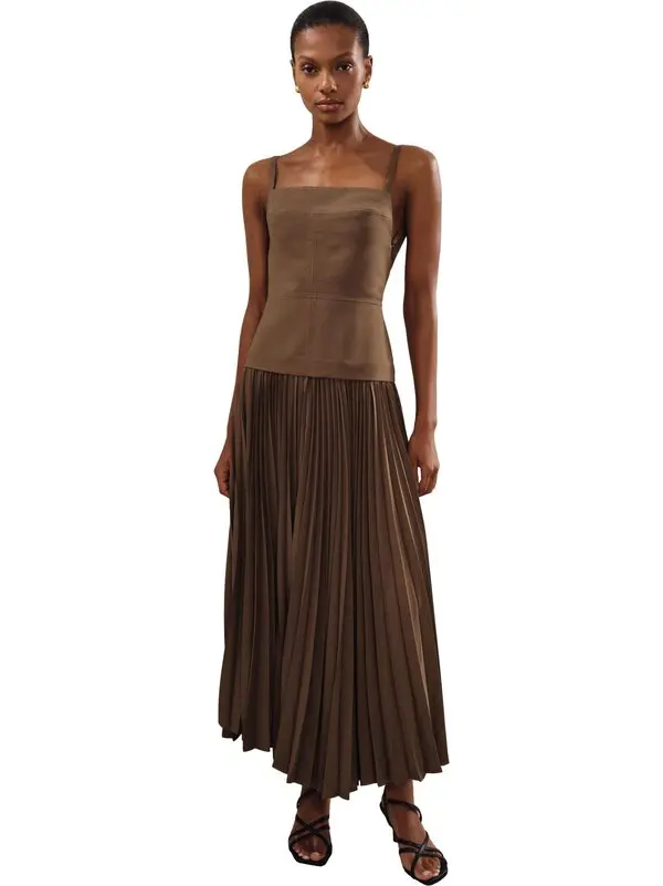Acler Leasgill Linen-blend Pleated Midi Dress - Brown