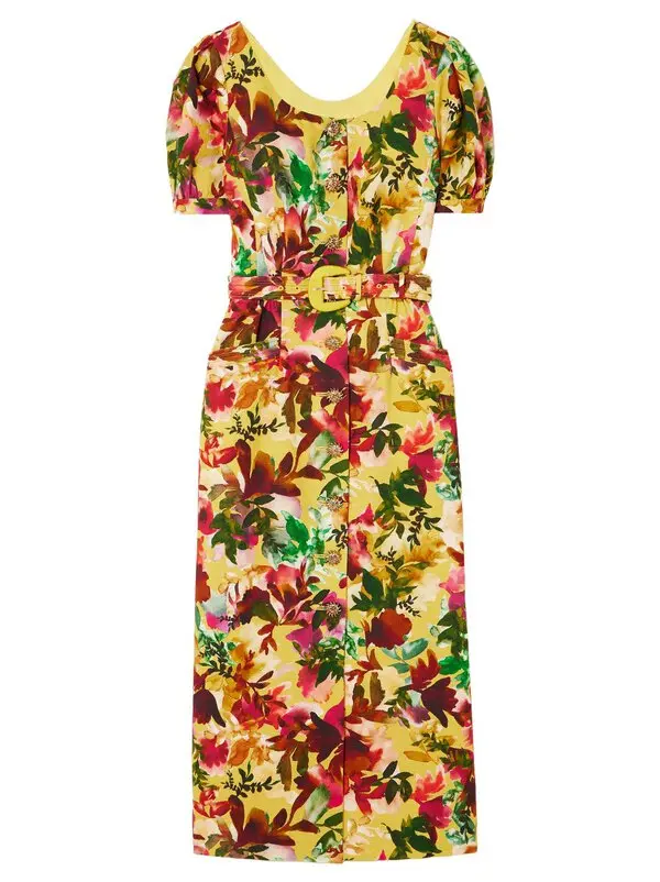 Saloni Blanca Floral-print Cotton-dupioni Midi Dress - Yellow