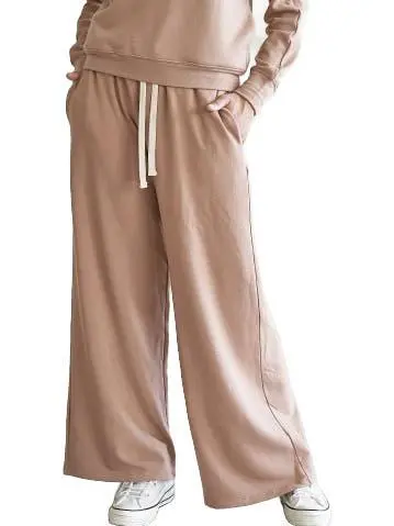 EAVOLU Baikal Eco-luxe Fleece Wide-leg Long Pant - Desert Sand