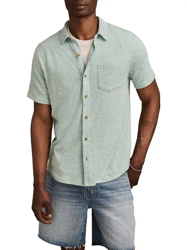 Lucky Brand Short Sleeve Marled Linen Button-up Shirt - Teal