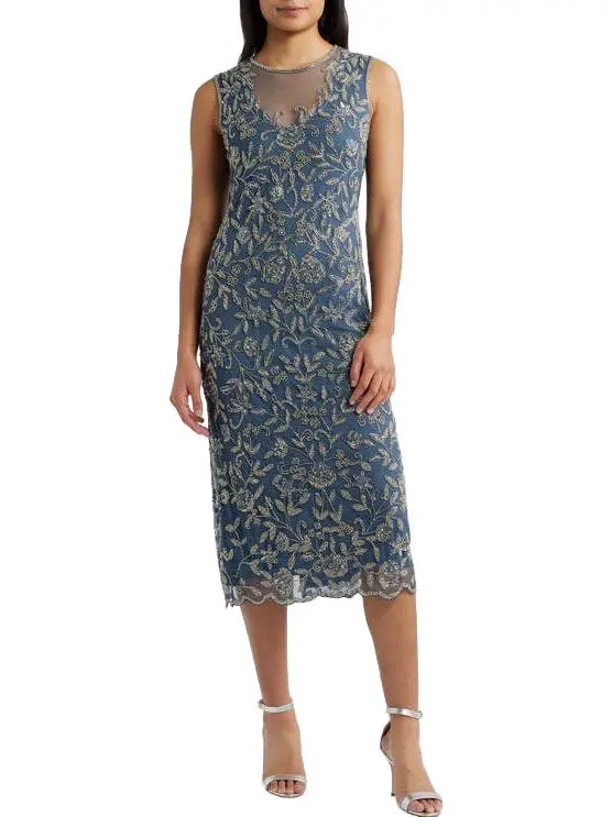 Pisarro Nights Beaded Floral Midi Dress - Grey