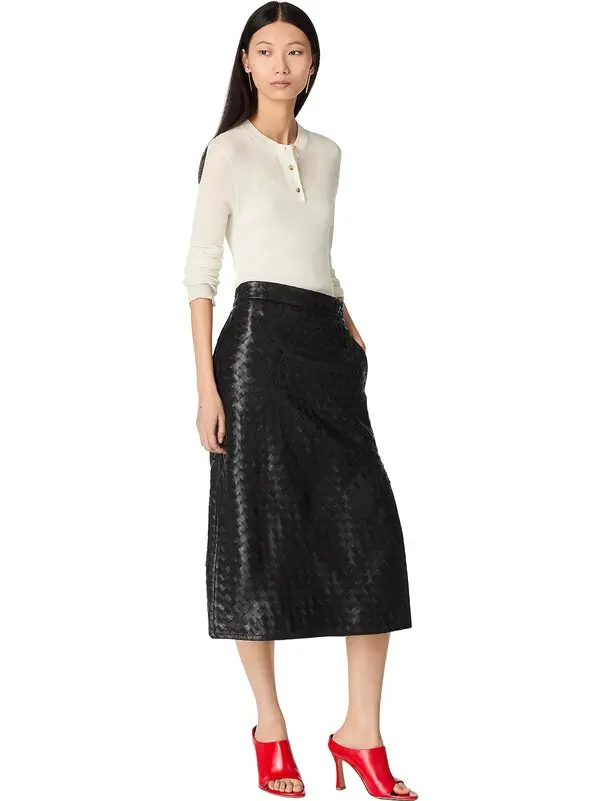Bottega Veneta Intrecciato Leather Midi Skirt - Black