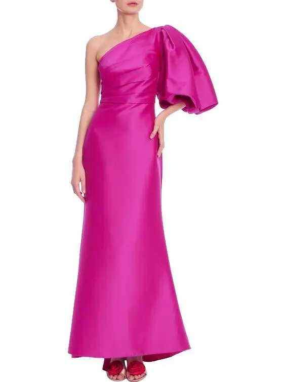 Badgley Mischka One-shoulder Mikado Gown - Hot Fuchsia