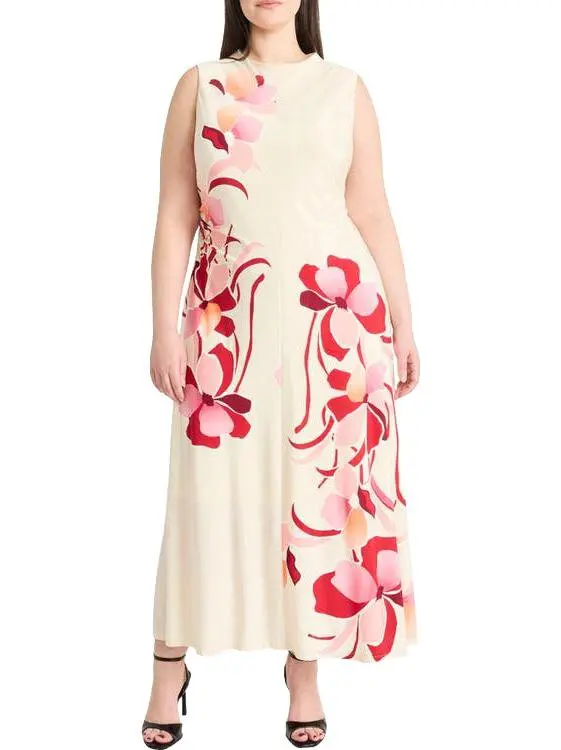 Maggy London Mock Neck Sleeveless Midi Dress - Cream/ Rose