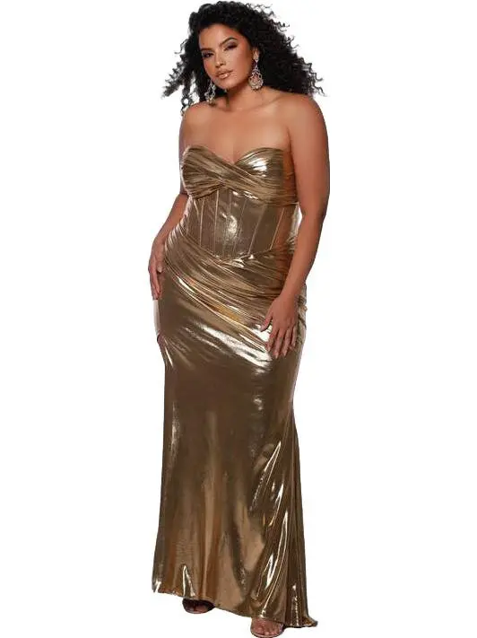 SYDNEY'S CLOSET Strapless Metallic Sweetheart Gown - Gold