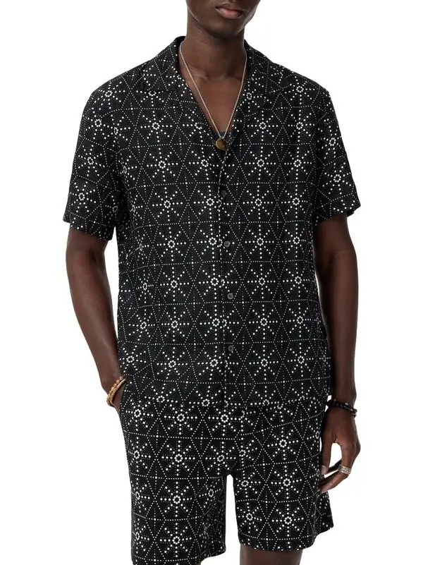 John Varvatos Dan Geometric Linen Camp Shirt - Black