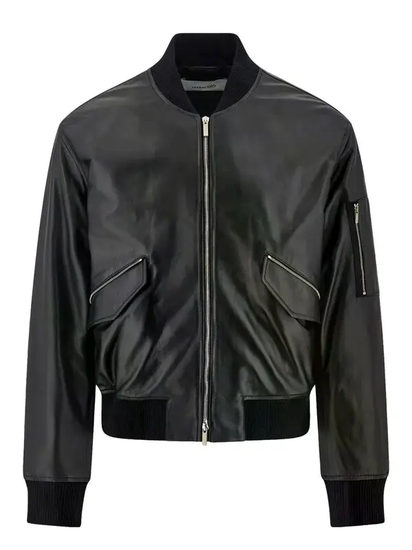 FERRAGAMO Leather Bomber Jacket - Black
