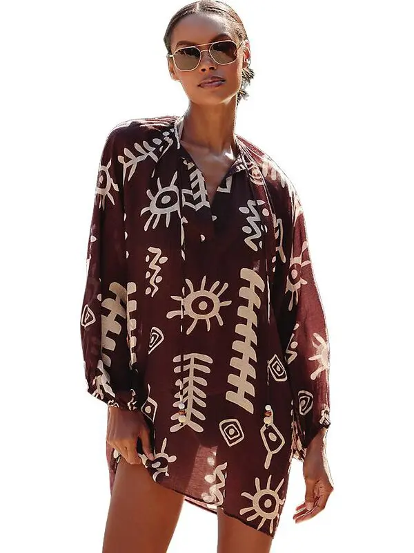 Maeve Printed Tie-neck Mini Kaftan - Brown Pattern