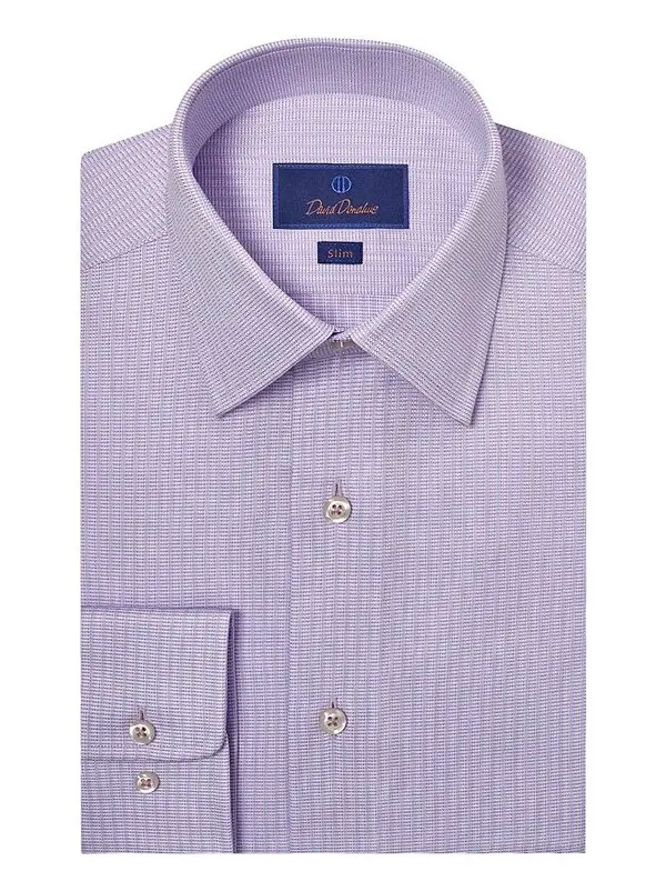 David Donahue Slim Fit Vertical Dobby Dress Shirt - Sky/ Berry