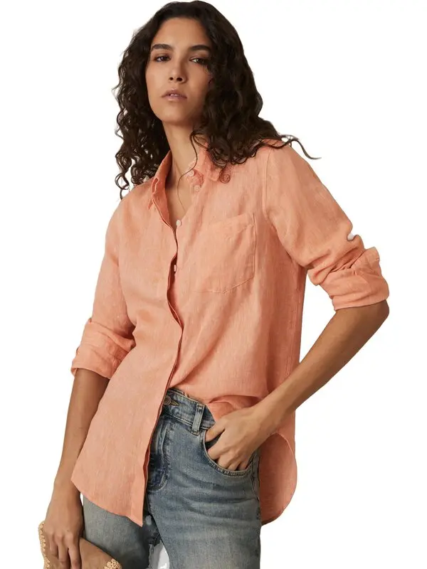 REISS Belle Linen Button-through Shirt - Orange