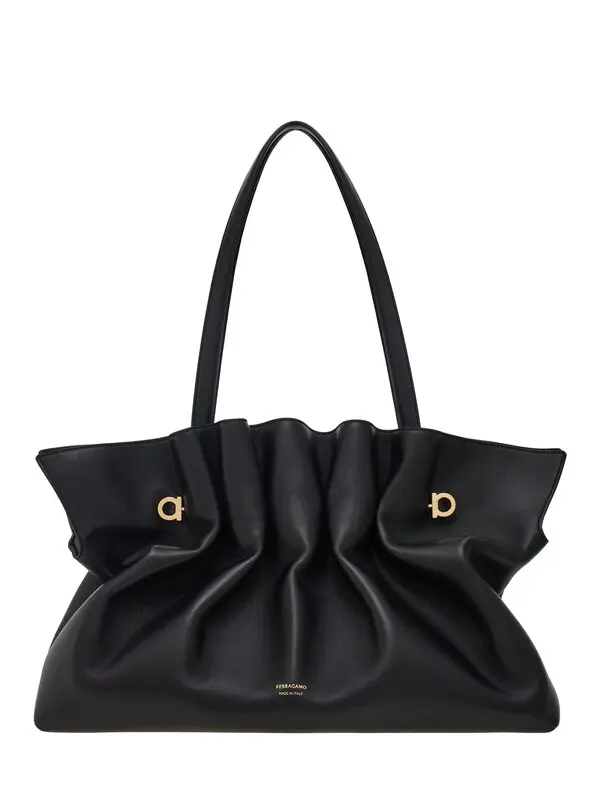 FERRAGAMO Soft Nappa Leather Shoulder Bag With Gancini Pin - Black