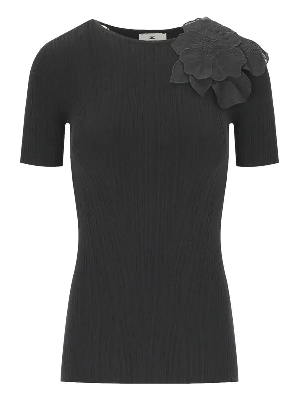 Elisabetta Franchi T-shirt With Georgette Flower - Black