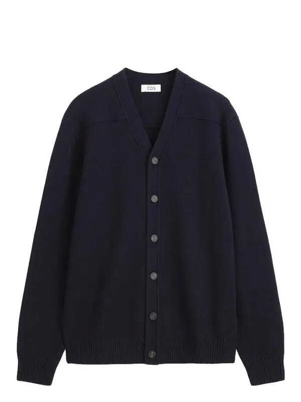 Cos Merino Wool V-neck Cardigan With Ribbed Trims And Pockets - Blue