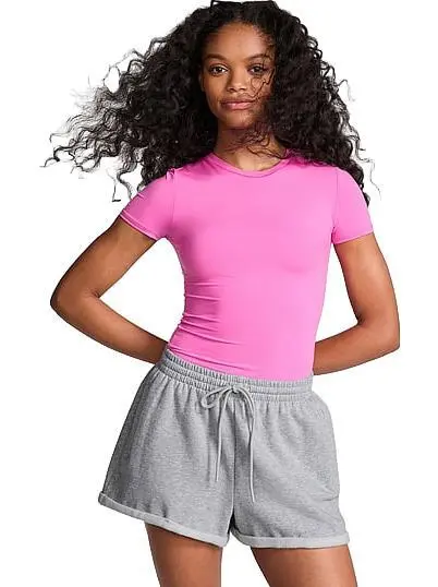 Pink Campus Fleece Rolled Hem Shorts - Grey