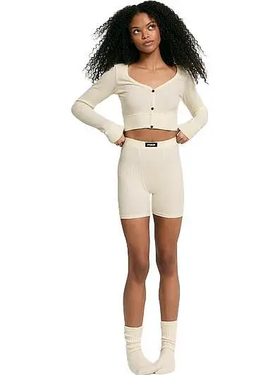 Pink Lounge Ribbed Cropped Cardigangan & Shorts Set - Beige