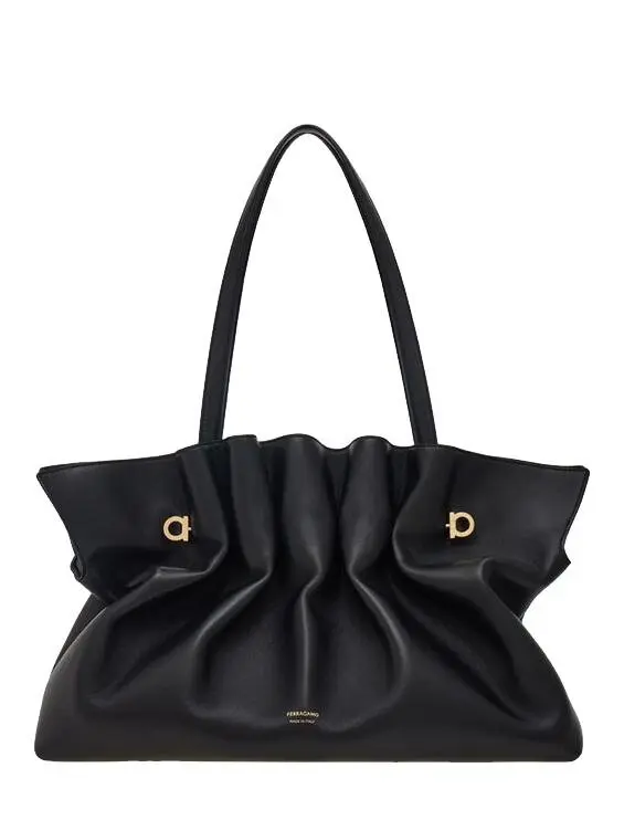 FERRAGAMO Nappa Leather Shoulder Bag With Gancini Pin - Black